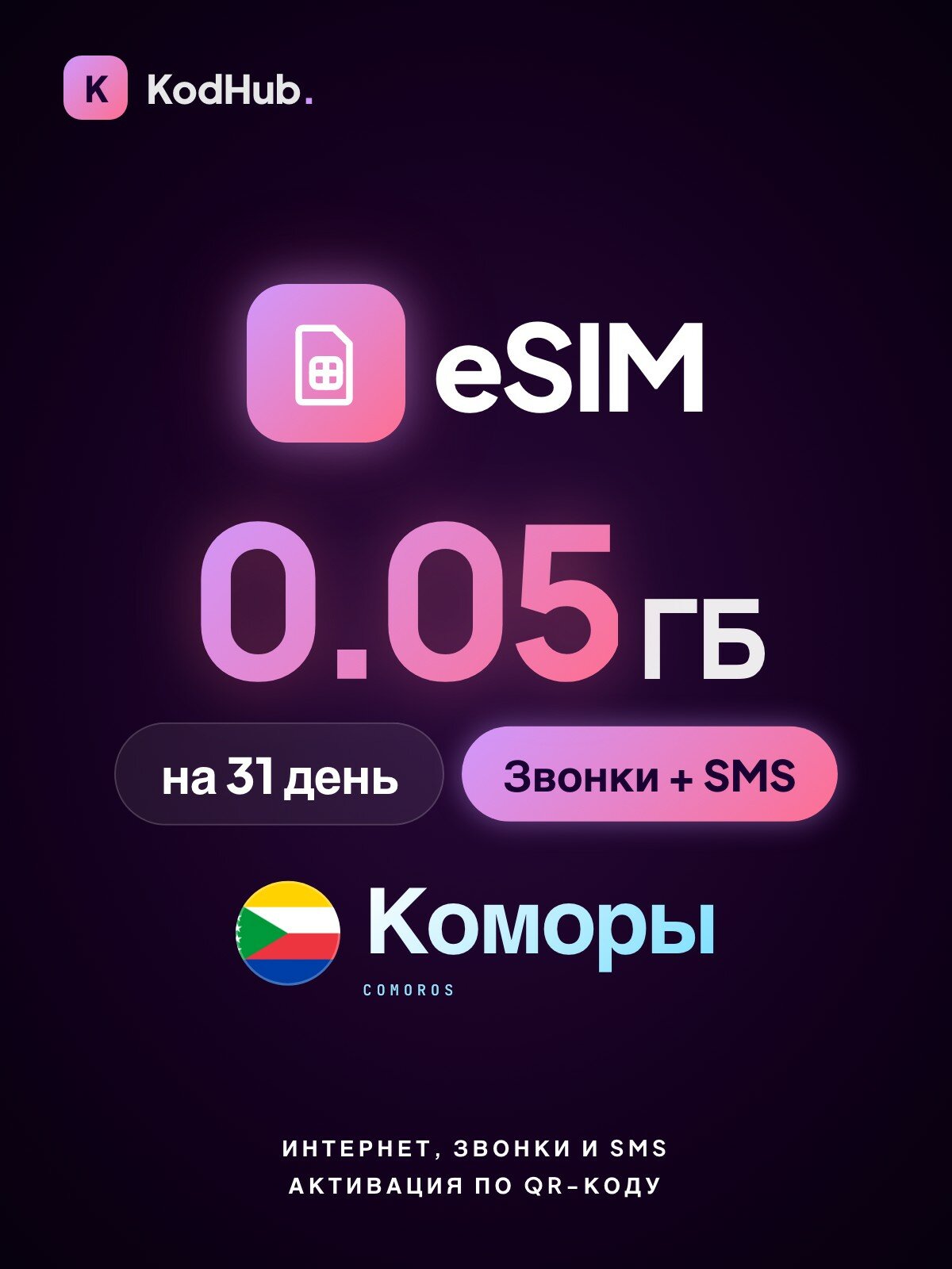 Туристическая eSIM Коморы 0,05 ГБ + звонки + SMS на 31 день | связь в поездке без роуминга