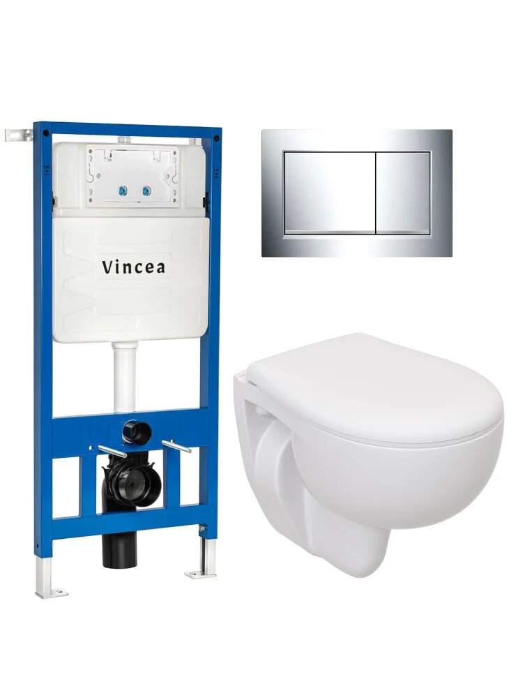 Комплект 4 в 1 Унитаз подвесной Seramiksan Natura A051041H / Сиденье AG50002 / Инсталляция Vincea VIS-601, Кнопка VFP-001CH цвет матовый хром