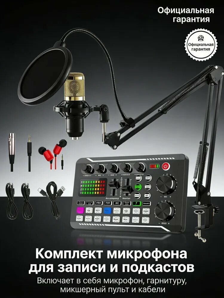 Конденсаторный микрофон BM-800 с комплектом живой звуковой карты F998 (золотой микрофон + регулируемый кронштейн)