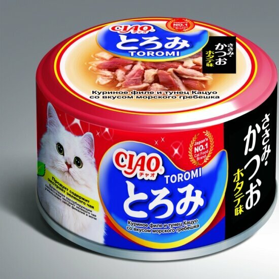 Влажный корм для кошек Inaba Ciao Toromi Куриное филе и тунец Кацуо со вкусом морского гребешка в бульоне 80г