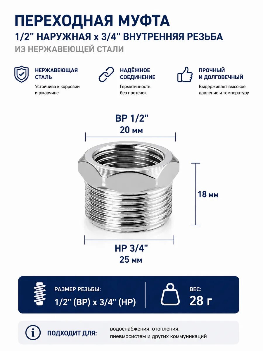 Переходник резьбовой ВР-НР 1/2" и 3/4" из нержавеющей стали