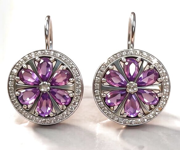Серьги, серебро, 925 проба, родирование, фианит, аметист