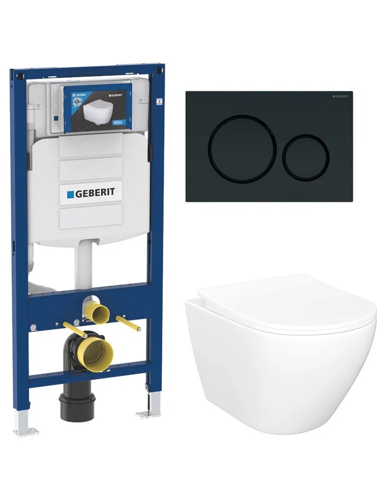 Комплект 4 в 1: Инсталляция Geberit Duofix UP 320 111.300.00.5 (111.950.00.6) / Унитаз подвесной STWORKI Кронборг S28401WH безободковый, с микролифтом / Комплект креплений, Кнопка Geberit Sigma 20 115.882.16.1, черный матовый лак