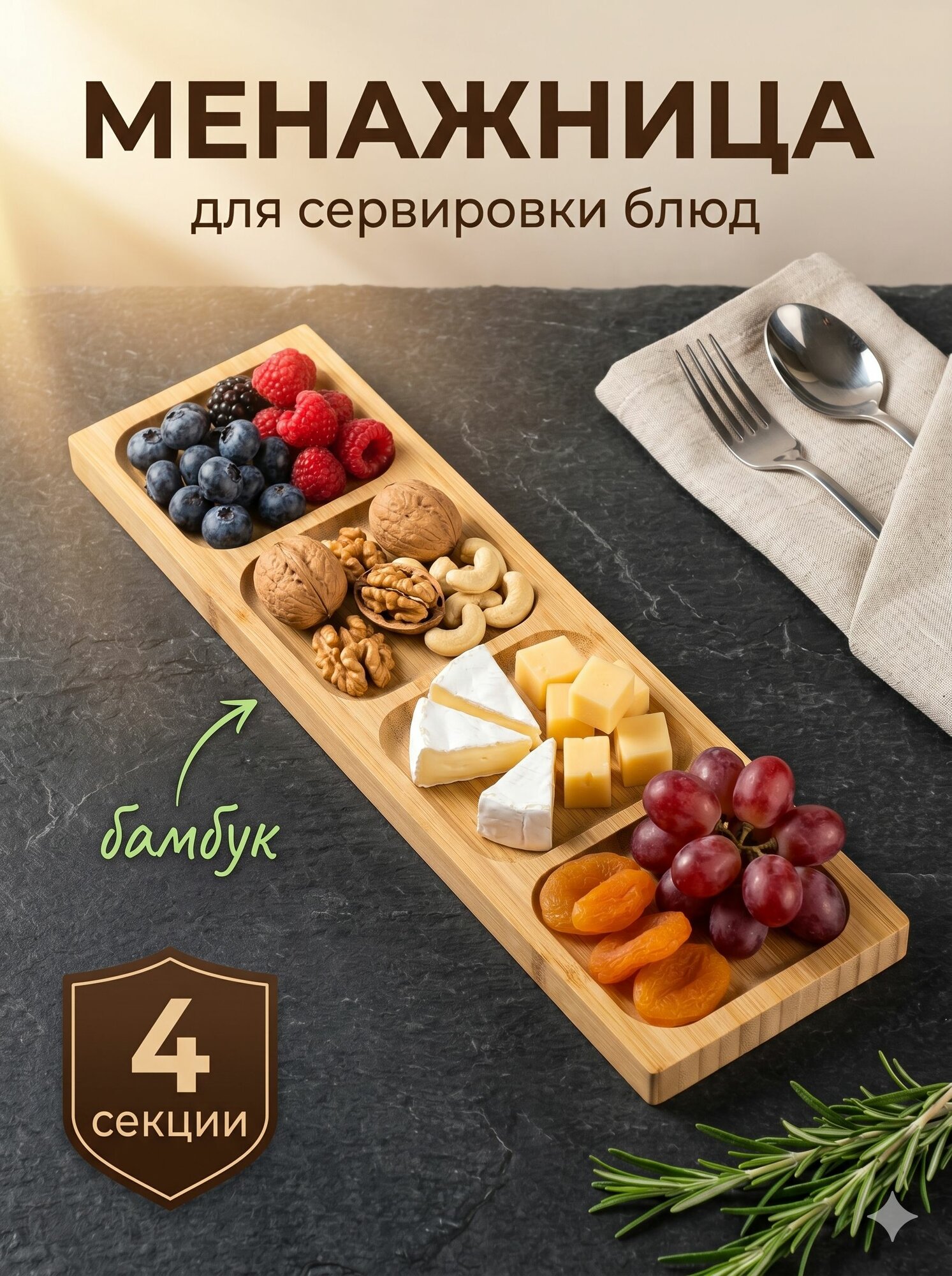 Менажница деревянная, 4 секции, бамбуковая, Доляна "Striata"