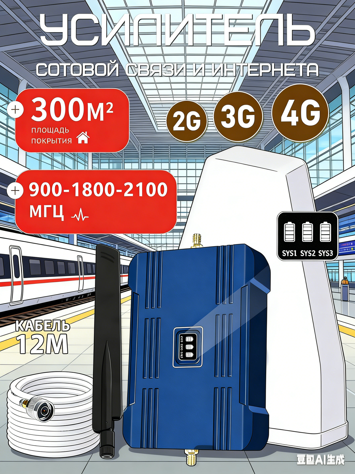 Усилитель сотовой связи 900/1800/2100 МГц (2G/3G/4G): до 70 км, направленный, синий, 1.3 кг