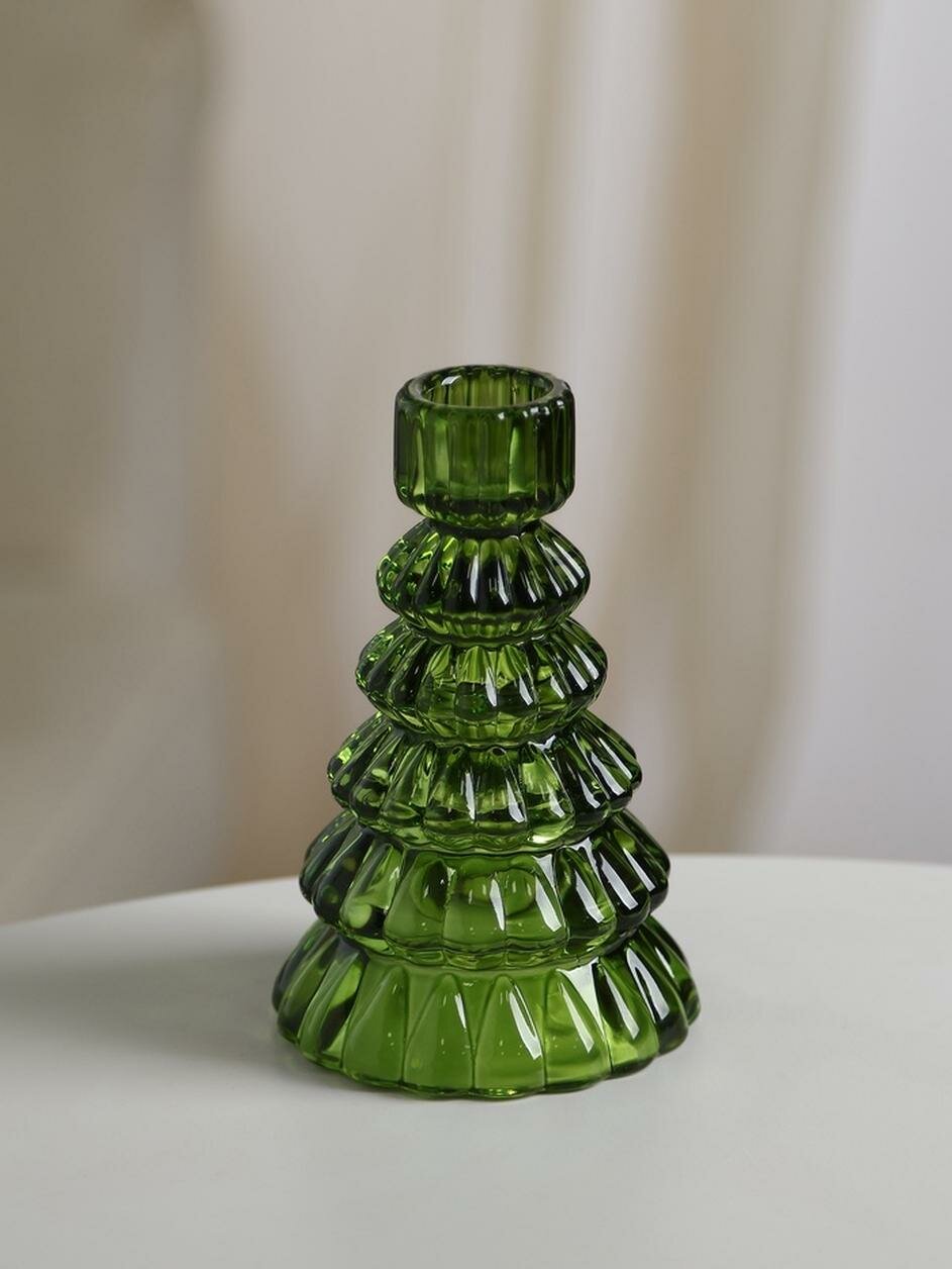 Стеклянный подсвечник на 1 свечу «елочка», зеленый, d=2 см, 8.5×8.5×13.5 см