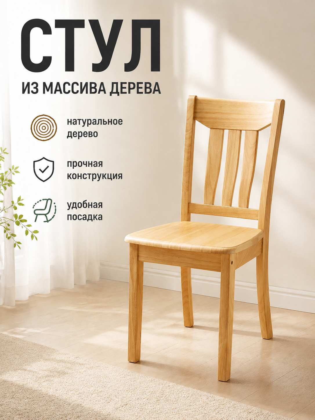 Стул из бука с матовым лаком, светлый, с резными элементами на спинке