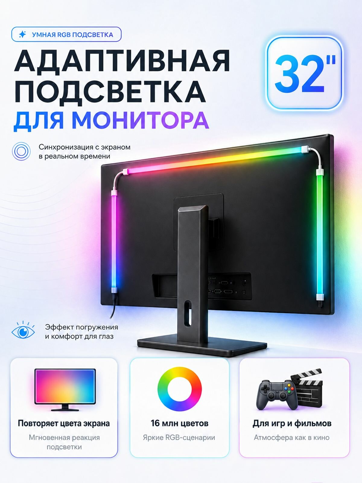 Светодиодная лента для монитора 32 дюйма, адаптивная подсветка для монитора Ambilight 3 полосы, USB RGB