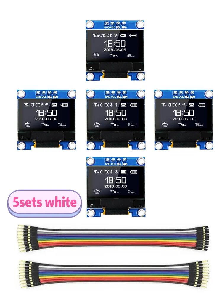 Набор из 5 OLED дисплеев 0.96 дюйма, 128x64 пикселя, белые, I2C интерфейс, SSD1306 + 10 перемычек (5 мама-папа, 5 папа-папа) в подарок. Для популярных платформ и DIY проектов