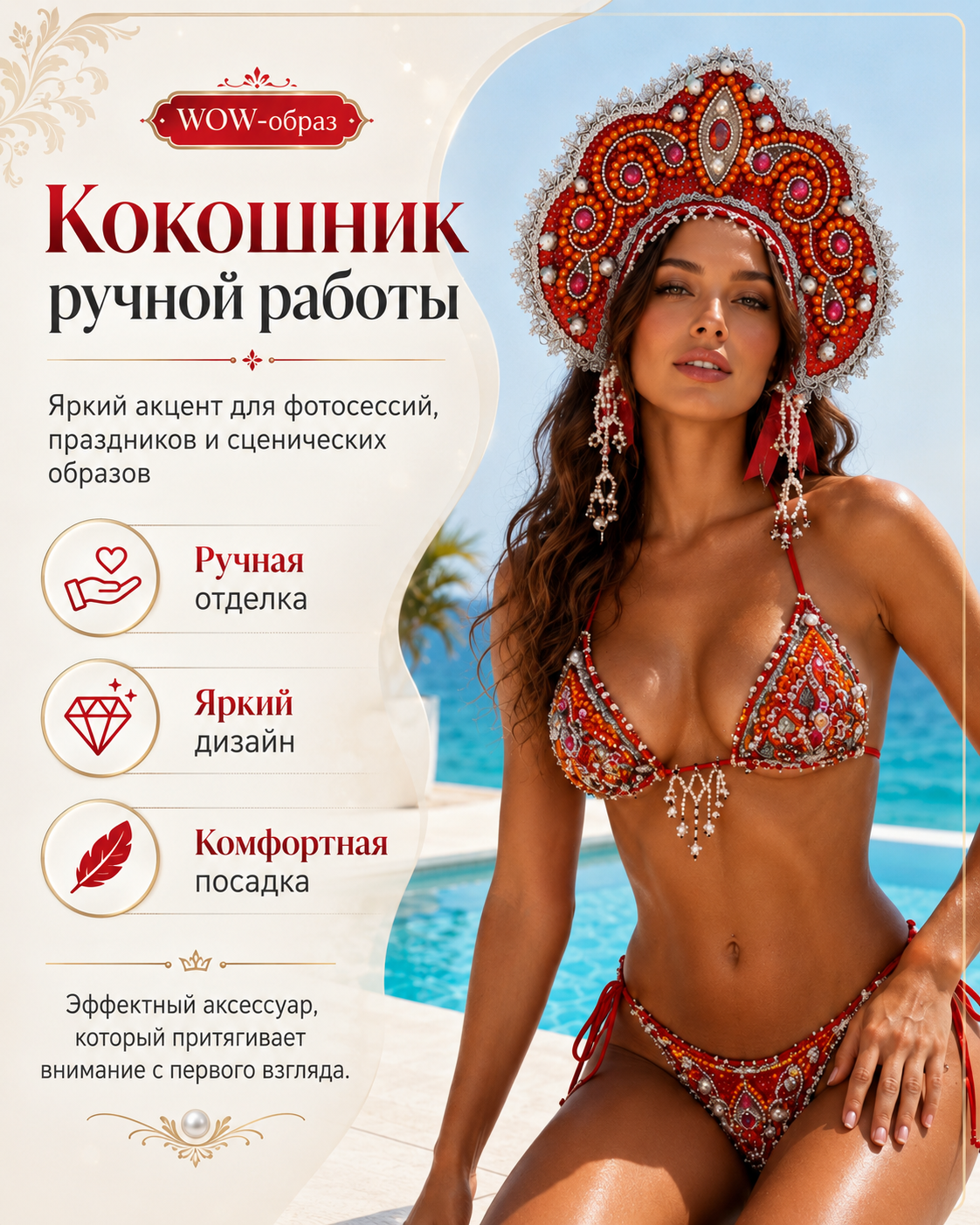 Кокошник женский ручной работы оранжево-красный с жемчужным декором, русский народный головной убор для фотосессии