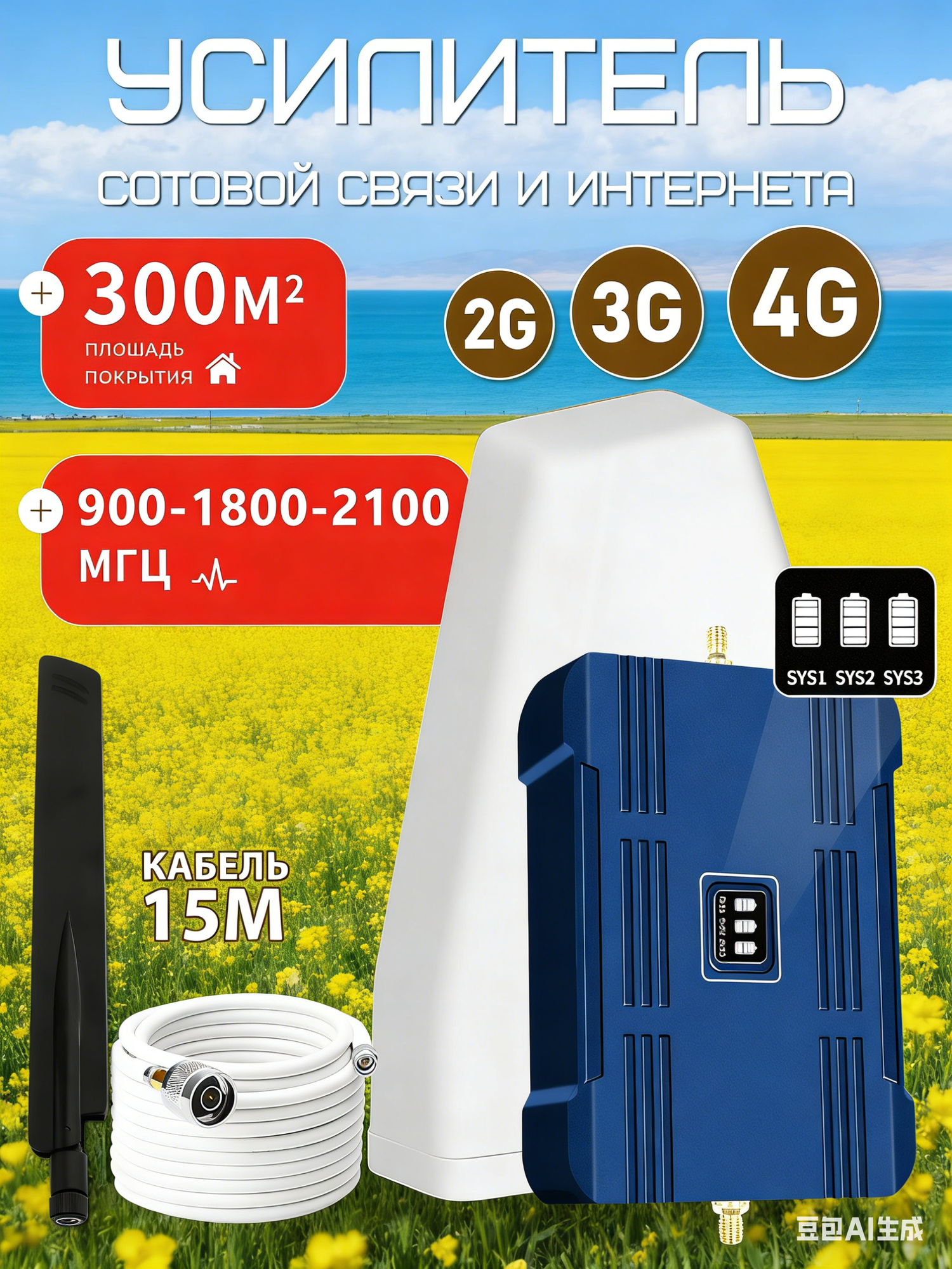 Усилитель сотовой связи 900/1800/2100 МГц (2G/3G/4G): до 70 км, направленный, синий, 1.3 кг