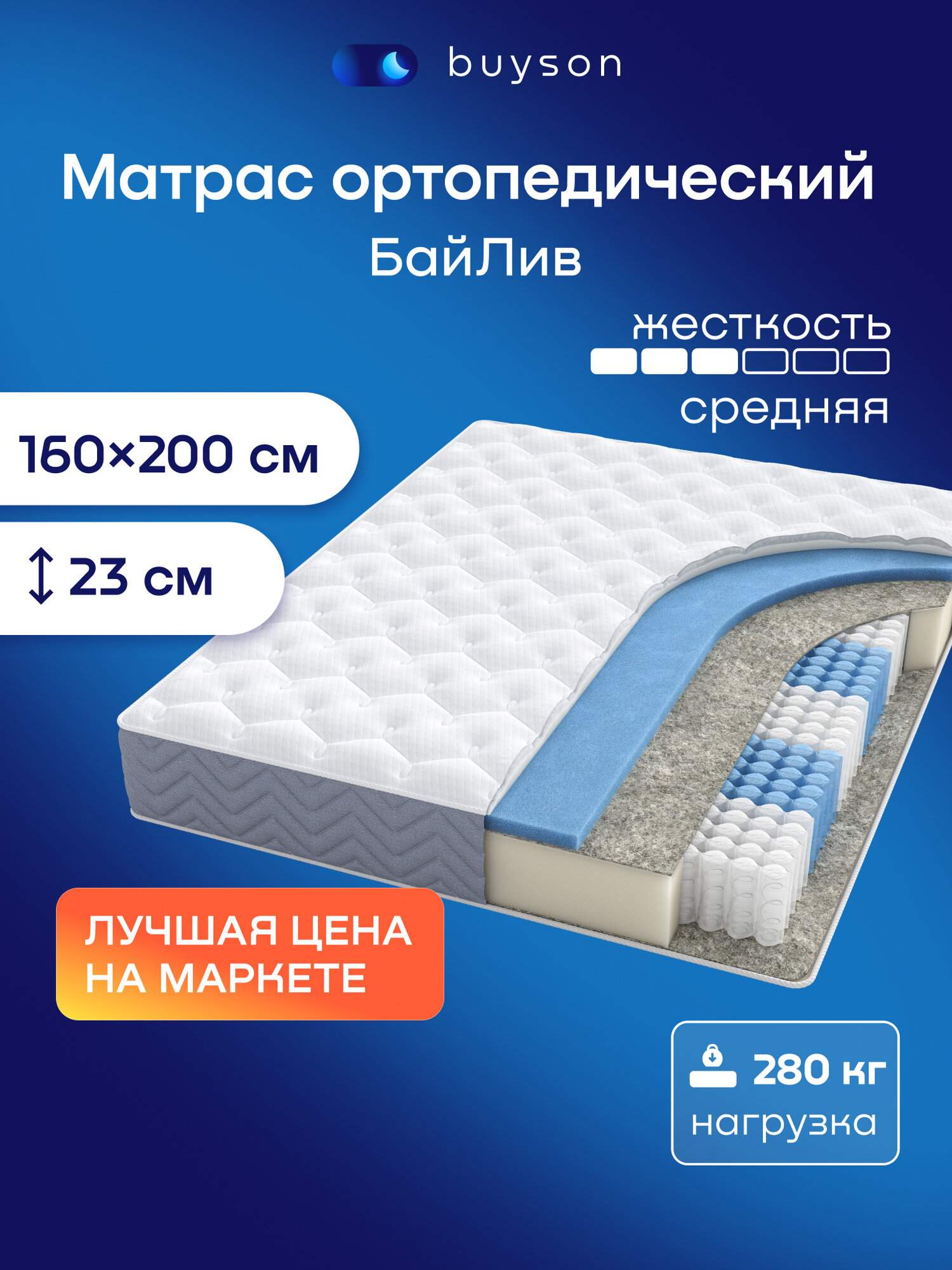 Ортопедический матрас buyson БайЛив, 160х200 см, независимые пружины, зональный
