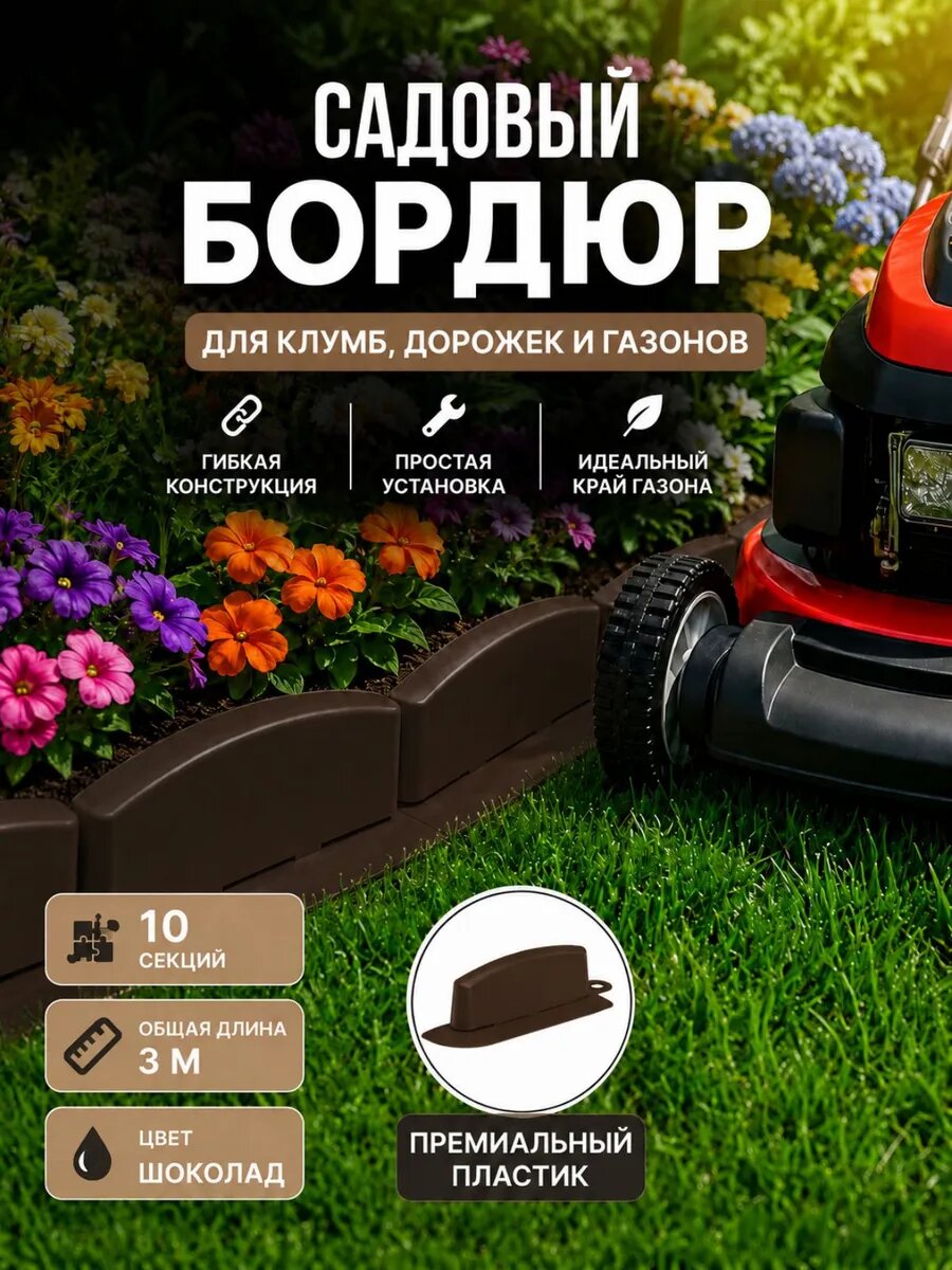 Бордюр садовый декоративный Альт-Пласт для грядок и дорожек, 3 метра, шоколадный
