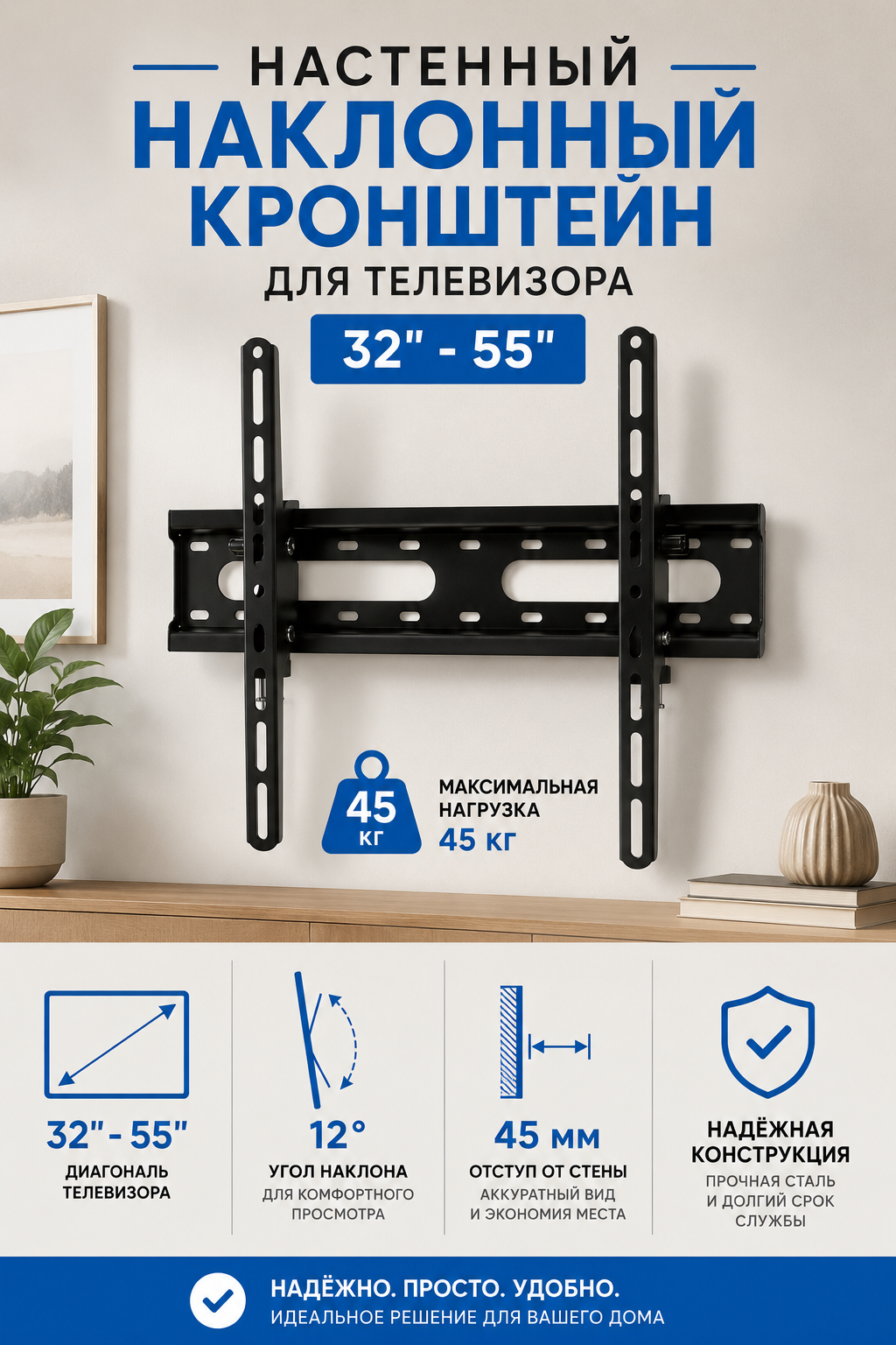 Кронштейн для телевизора настенный наклонный (32"- 55") до 45 кг
