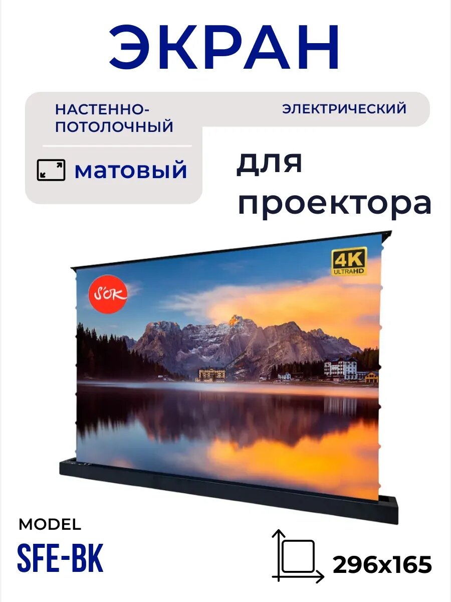 Экран для проектора S'OK SFE, напольный с электроприводом, 296x165 см, 4K, цвет черный,
