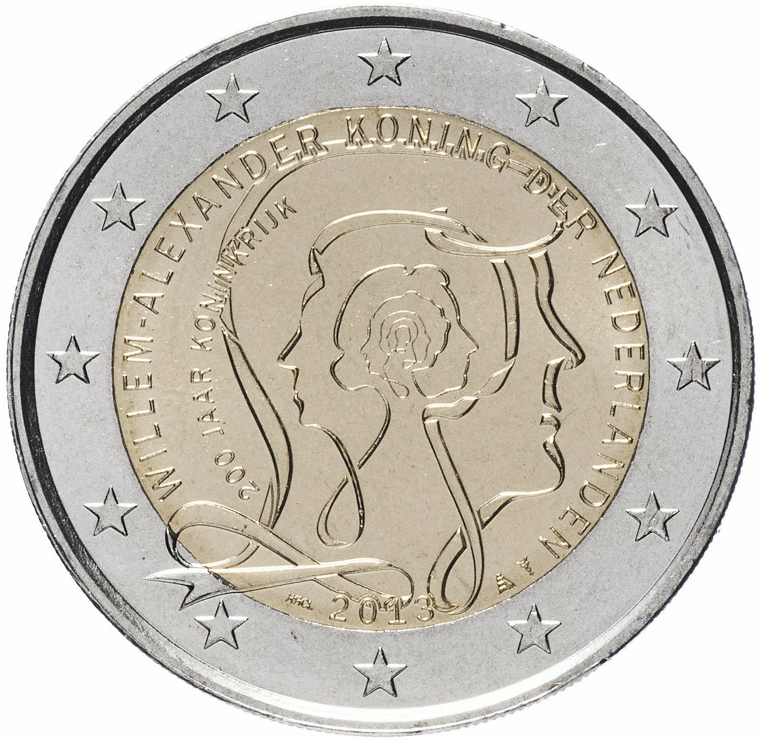 Нидерланды 2 евро 2013 "200-летие Королевства Нидерландов", Биметалл, в сохранности UNC
