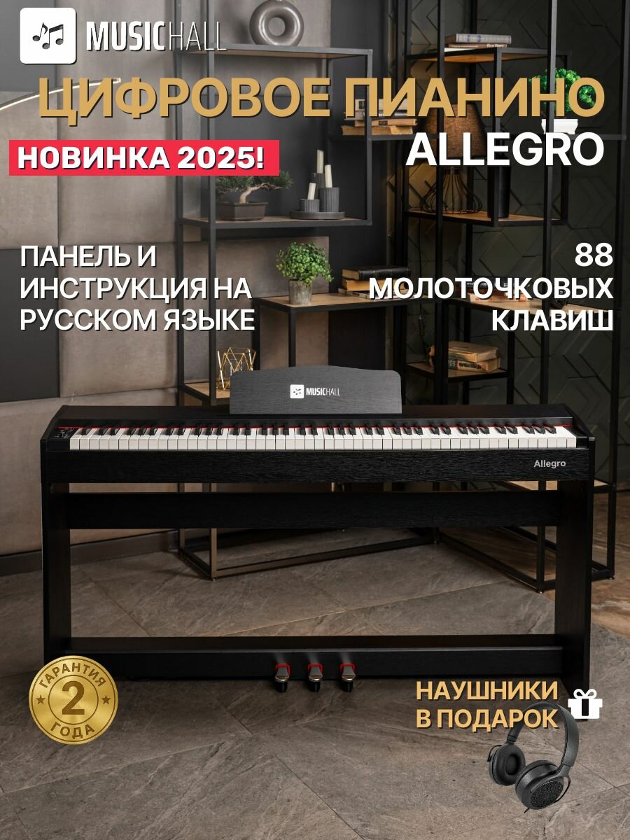 Цифровое пианино в корпусе MusicHall Allegro, MIDI, с молоточковой взвешенной клавиатурой, черный
