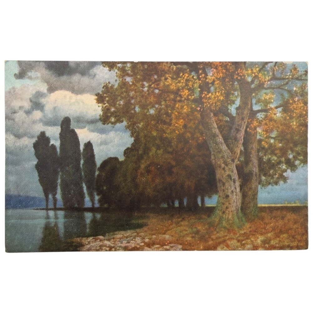 Почтовая открытка "Дубы у озера предгрозовым вечером" 1910-1917 гг. Германская Империя
