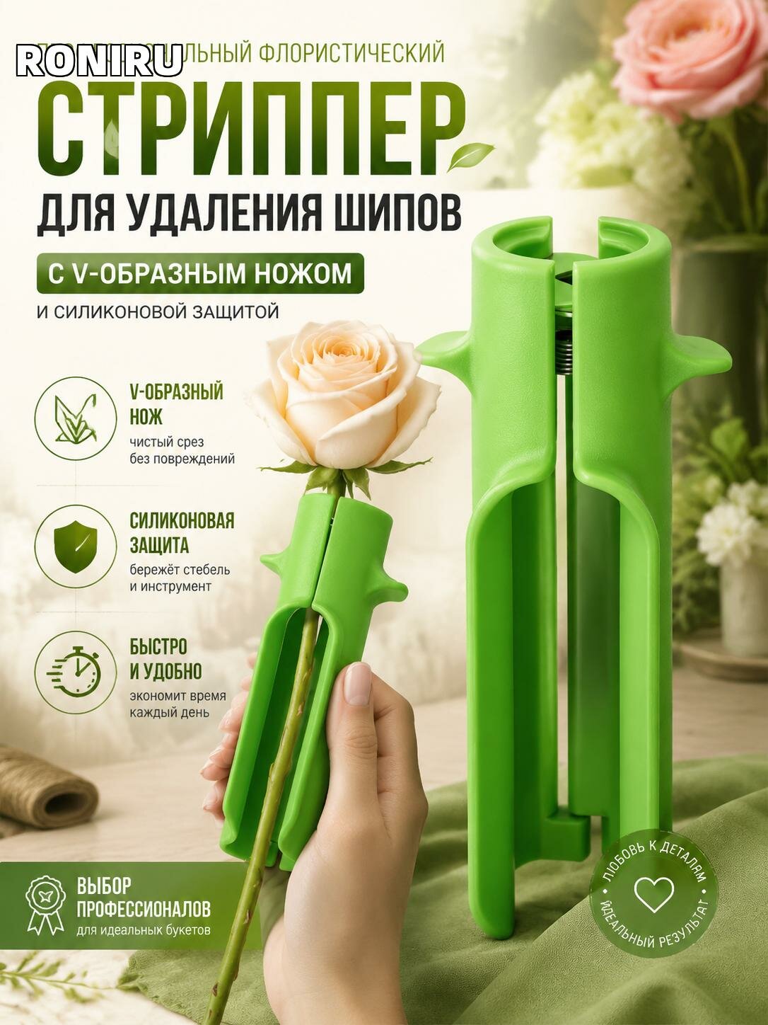 Машинка для удаления шипов с V-образным ножом и силиконовой защитой — профессиональный флористический стриппер