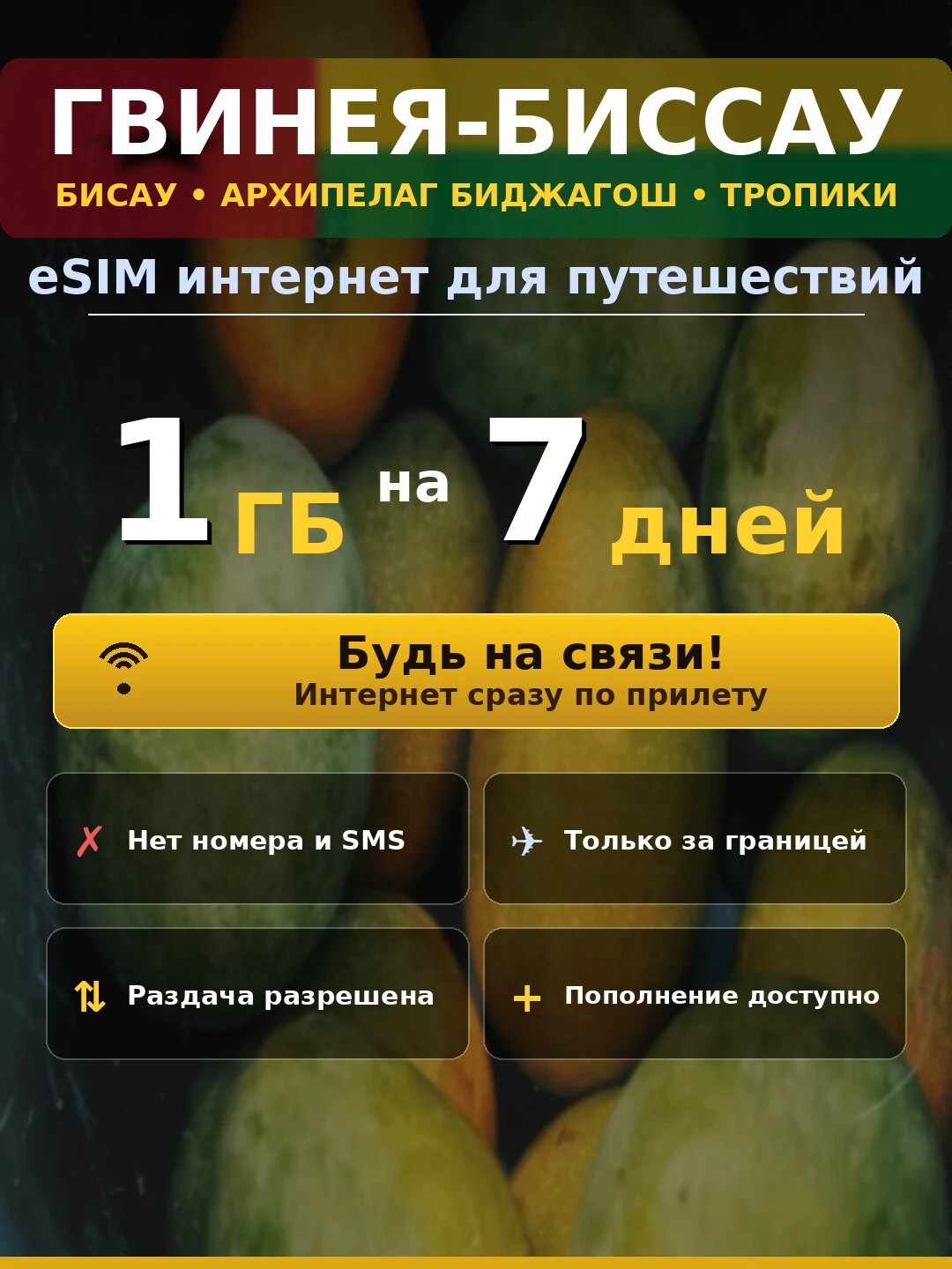 ESIM Гвинея-Биссау — мобильный интернет 1 ГБ на 7 дней | виртуальная SIM-карта для путешествий