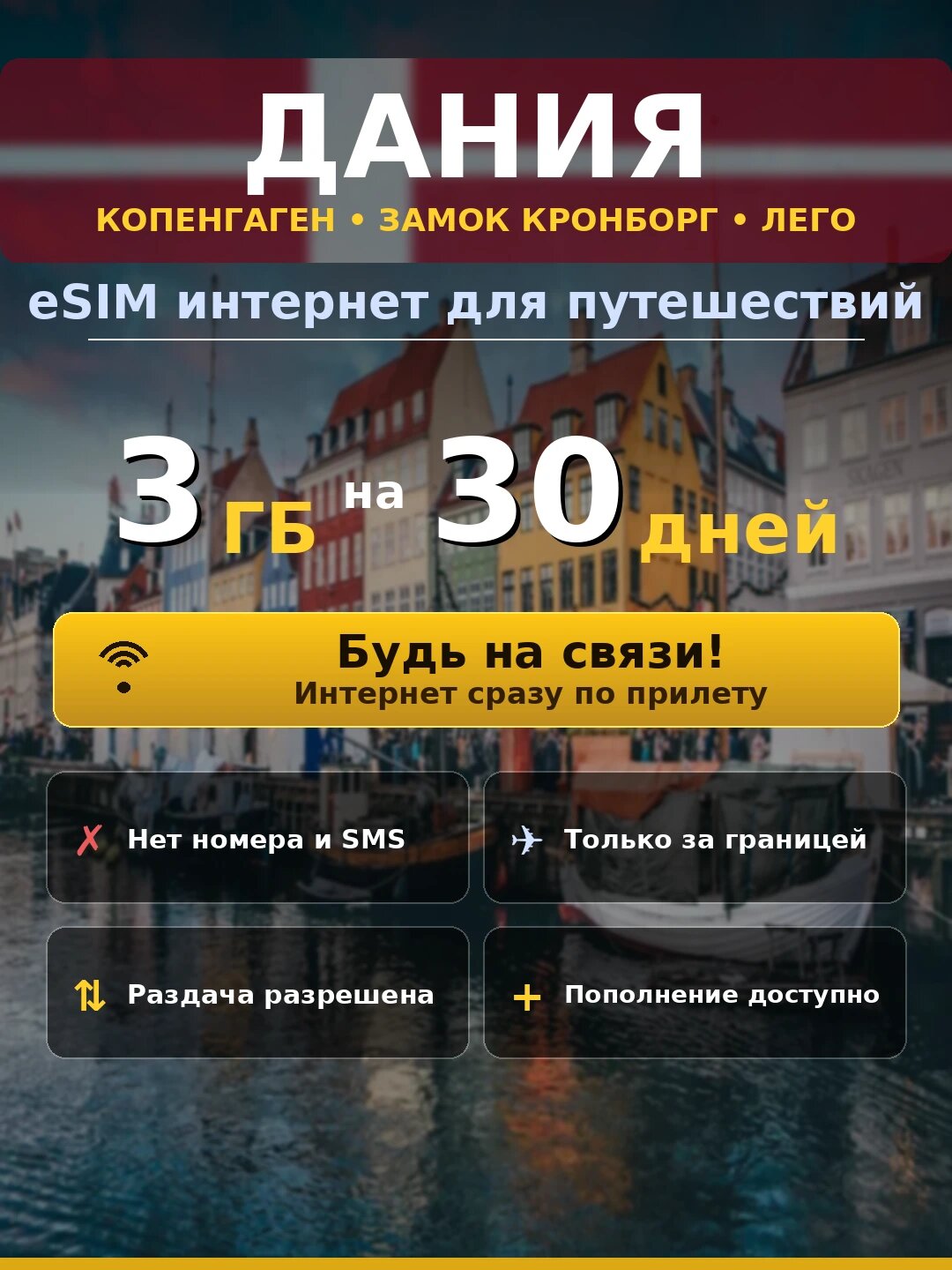 ESIM Дания — мобильный интернет 3 ГБ на 30 дней | виртуальная SIM-карта для путешествий