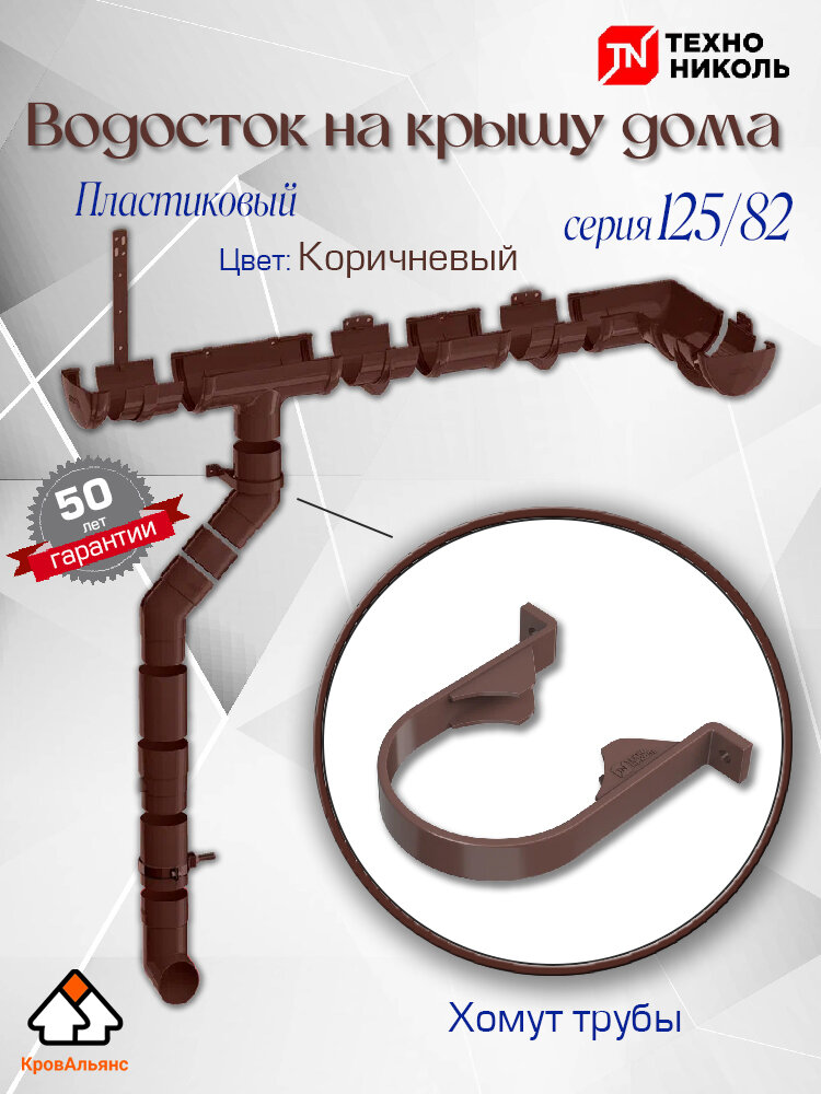 Водосток для крыши дома Технониколь: Хомут для крепления трубы к стене, серия 125/82 мм, цвет Коричневый, 5 шт.