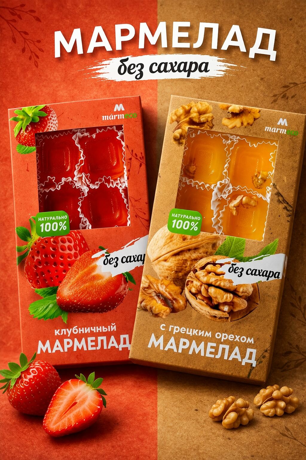 Набор 2 шт Мармелад Мармеко Грецкий орех, Клубника без сахара 170 гр.