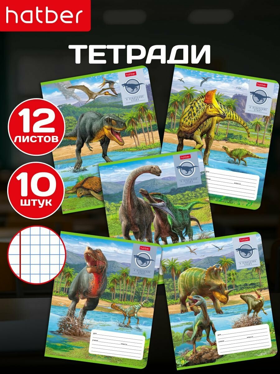 Набор тетрадей "Эра динозавров" 12 листов в клетку, закругленные углы, 10 штук/5 дизайнов тетради в клетку набор тетрадей 12 листов ученические тетради