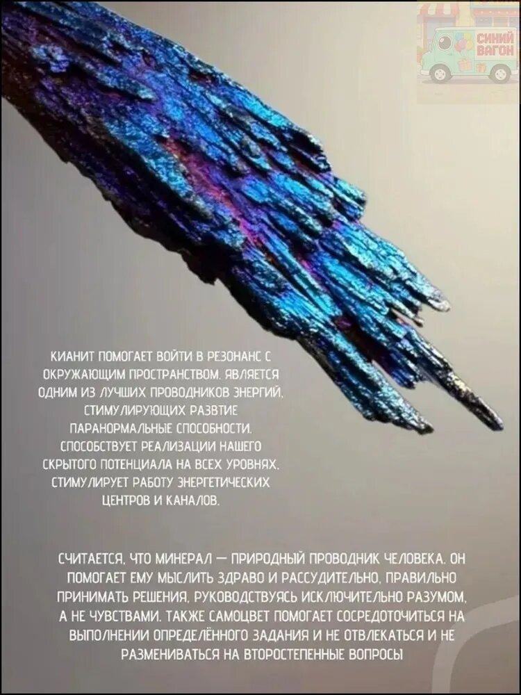 Натуральный кристалл кианит в форме ведьминой метлы, эксклюзивный амулет для энергетической защиты и создания гармонии, используется как уникальный декор с магическими свойствами в домашних ритуалах.