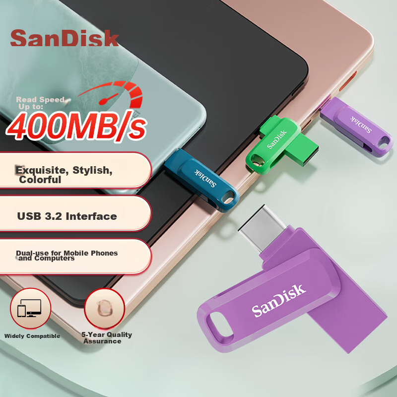 SanDisk 256GB Type-C USB3.2 двухинтерфейсная флеш-накопитель DDC3 фиолетовый - скорость чтения 400 МБ/с,