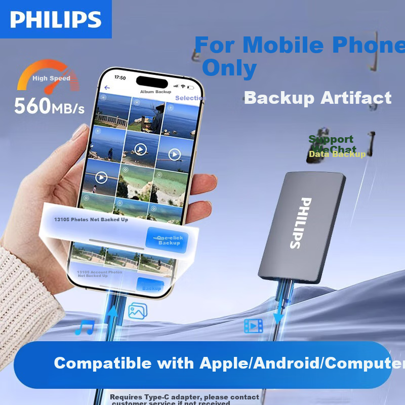 PHILIPS 512 ГБ портативный SSD 560 МБ/с высокоскоростной Type-C USB с металлическим корпусом звездная серая Ёмкость：512