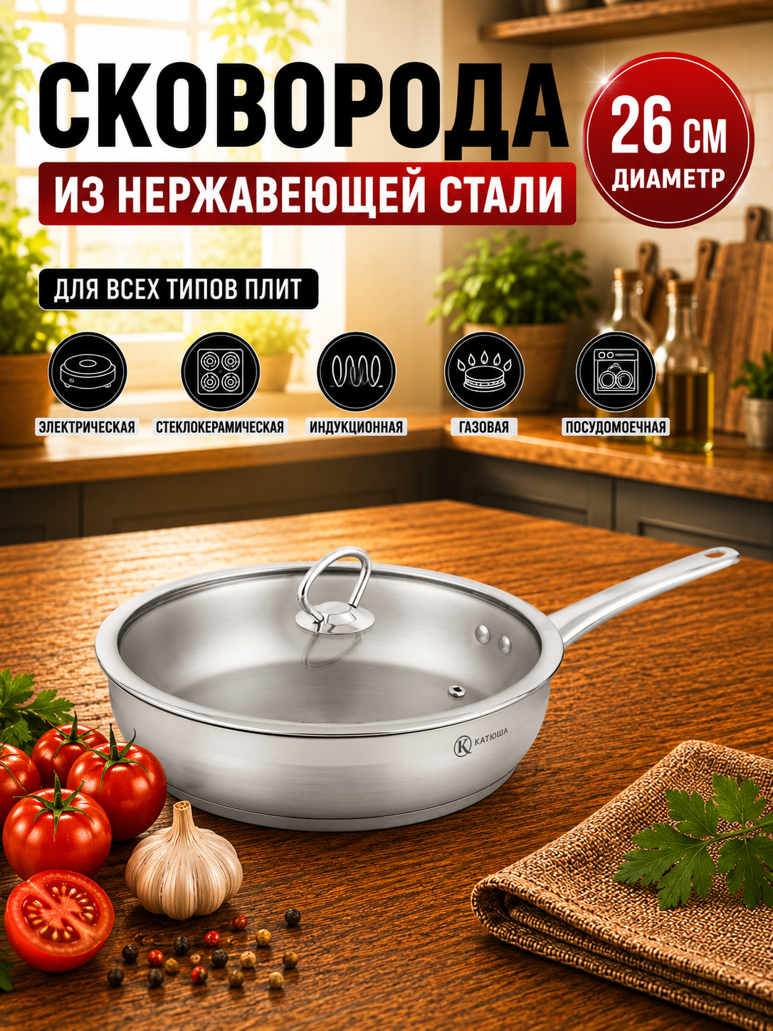 Сковорода София, нержавеющая сталь, 26 см, стеклянная крышка, Катюша