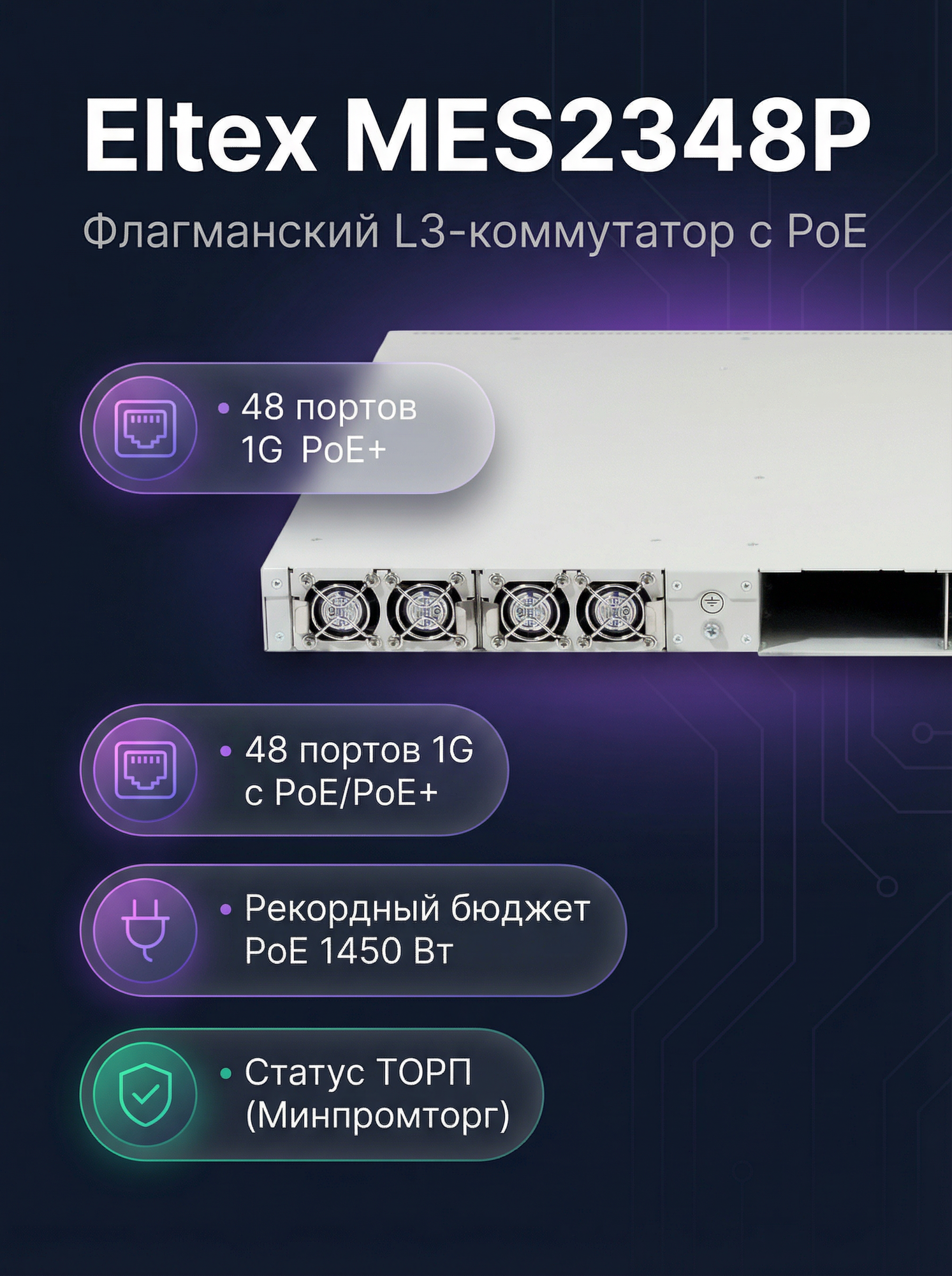 Eltex MES2348P 48 портов 1G с PoE, 4 порта 10G