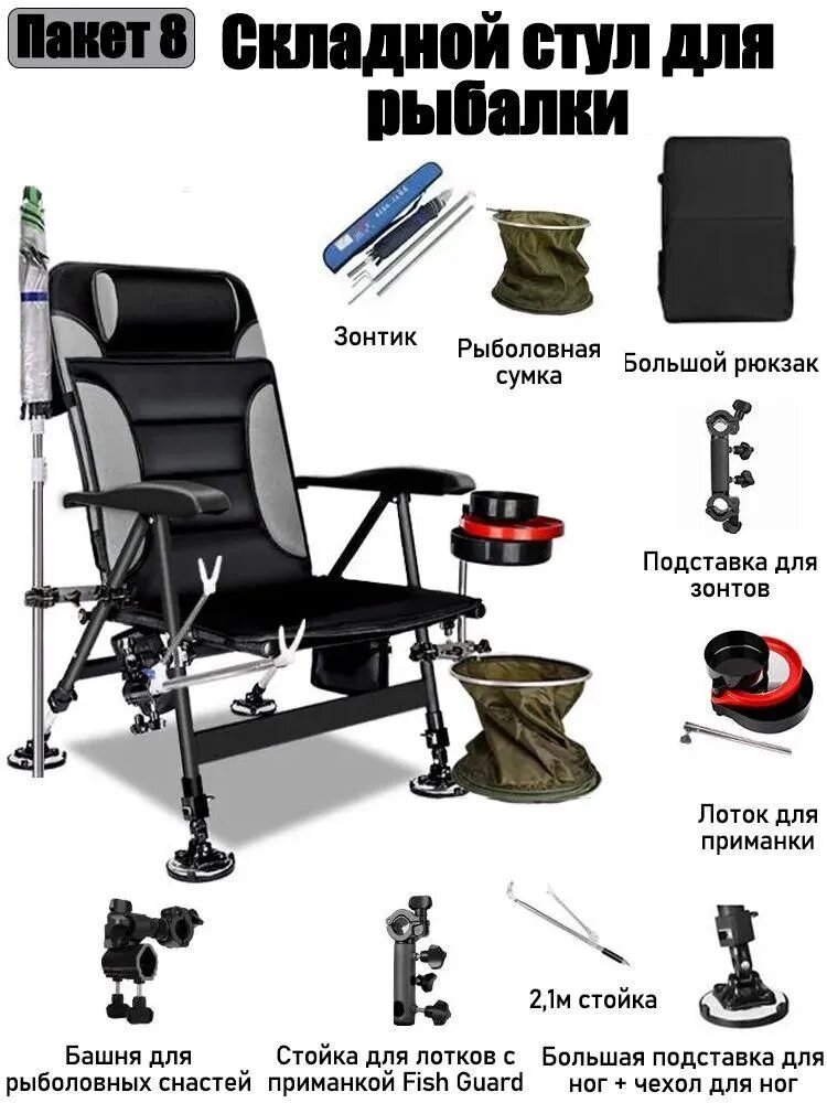 Стул складной туристическийСтандартная комплектация + кронштейн + рыбозащитный экран + зонтик 64*62*93 см