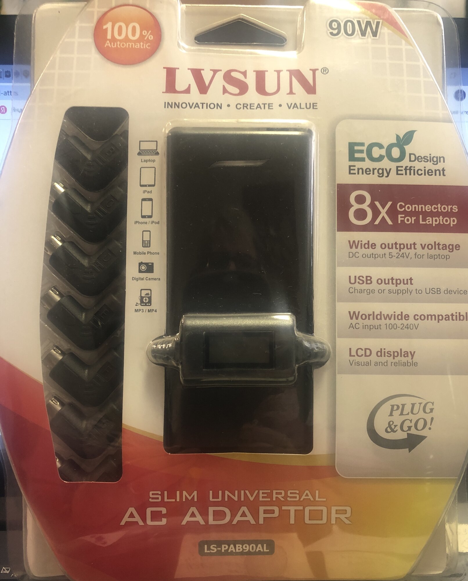 LS-PAB90AL NEW/SLIM Блок питания сетевой 220 В (тонкий универсальный адаптер питания переменного тока для ноутбука/зарядное устройство для планшета/блок питания с ЖК-дисплеем и 8 разъемами)