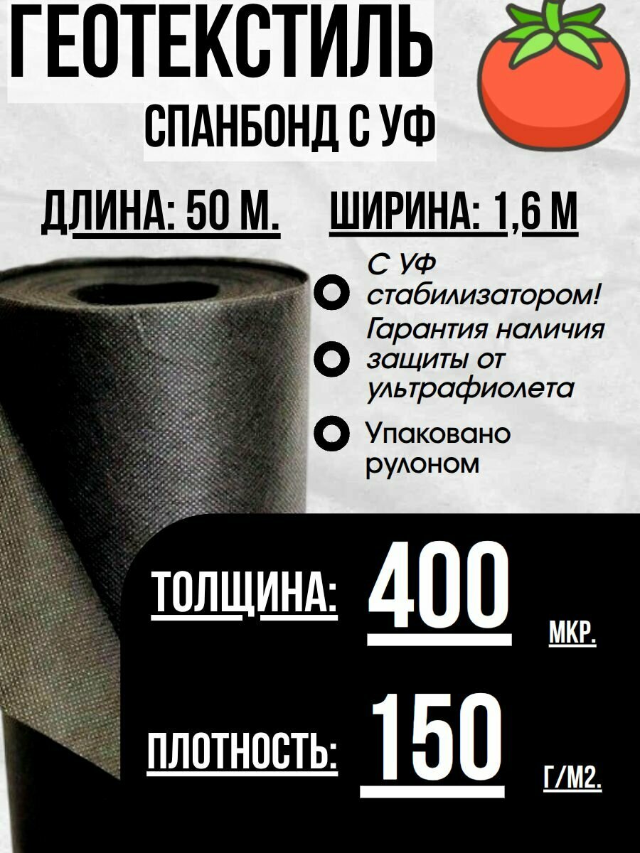 Геотекстиль SpunBox "НaПарник", спанбонд, плотность 400 г/кв. м, черный, 1,6x50 м