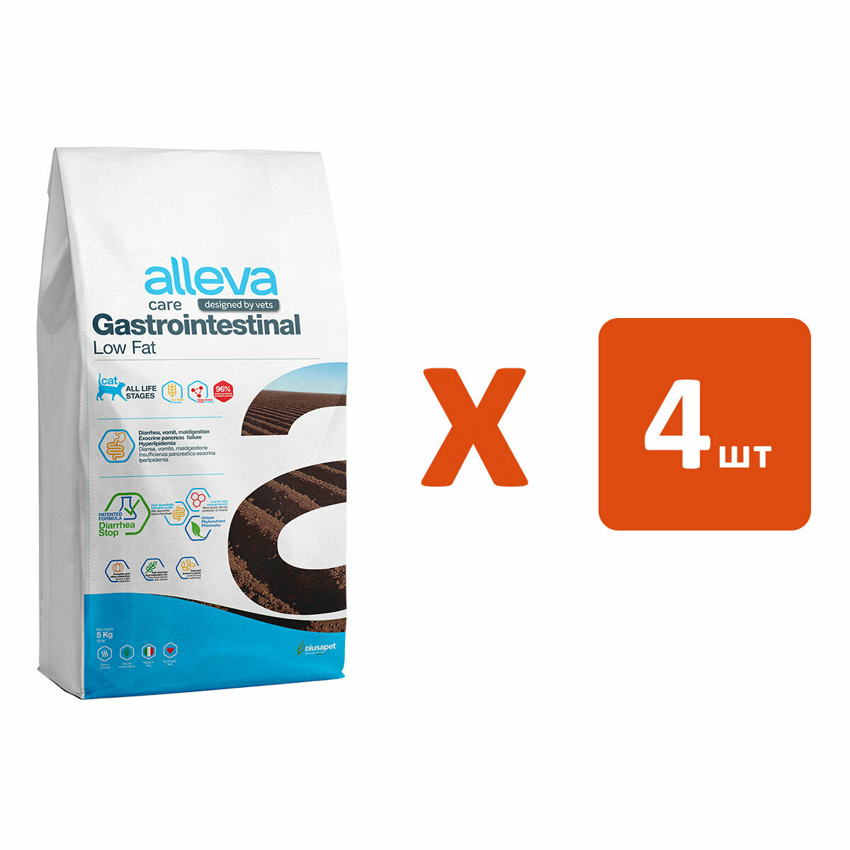 Корм сухой Alleva Care Adult Cat Gastrointestinal Low Fat для взрослых кошек при заболеваниях желудочно-кишечного тракта, 5 кг 4 шт