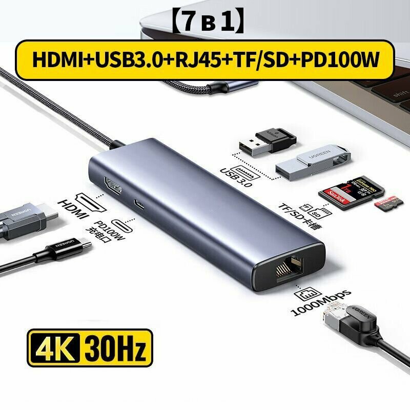USB-Концентратор 7-in-1 (90568),4K(30HZ)HDMI, RJ45, USB 3.0, SD Card, TF Card, PD 100W Hub