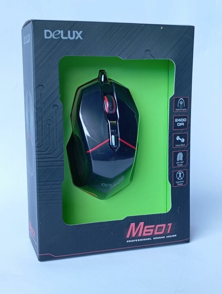 Мышь DELUX "M-601" , опт, (800/1200/1600/2400 DPI), USB, (5кн+скролл), черная, с подсветкой
