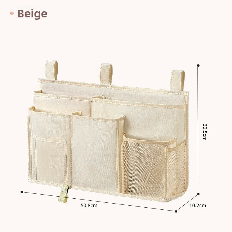 Student bedside hanging bag with multipurpose storage for bedroom and study supplies, beige