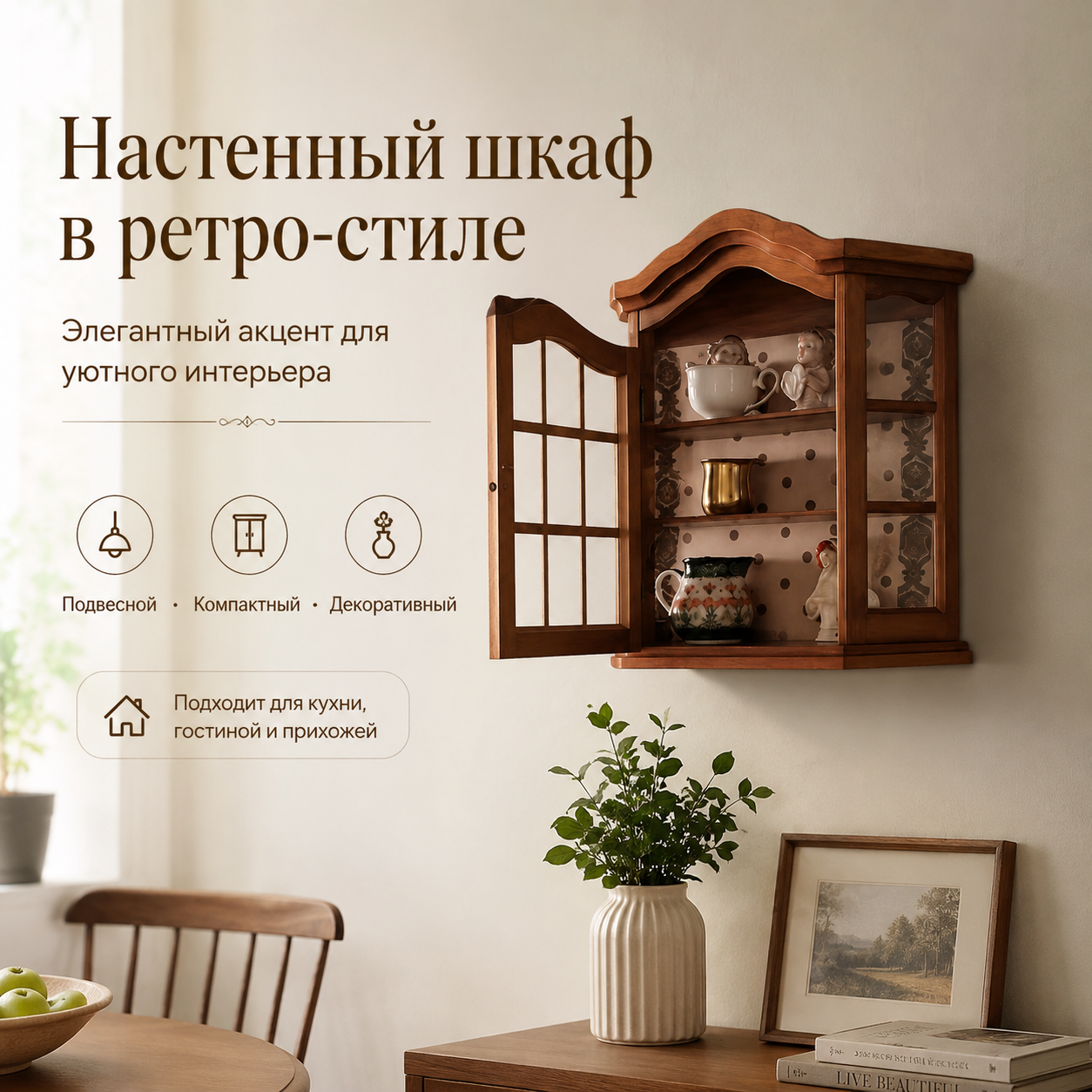 Ретро-настенный шкаф, массив дерева, глянцевый лак, коричневый, 3 полки