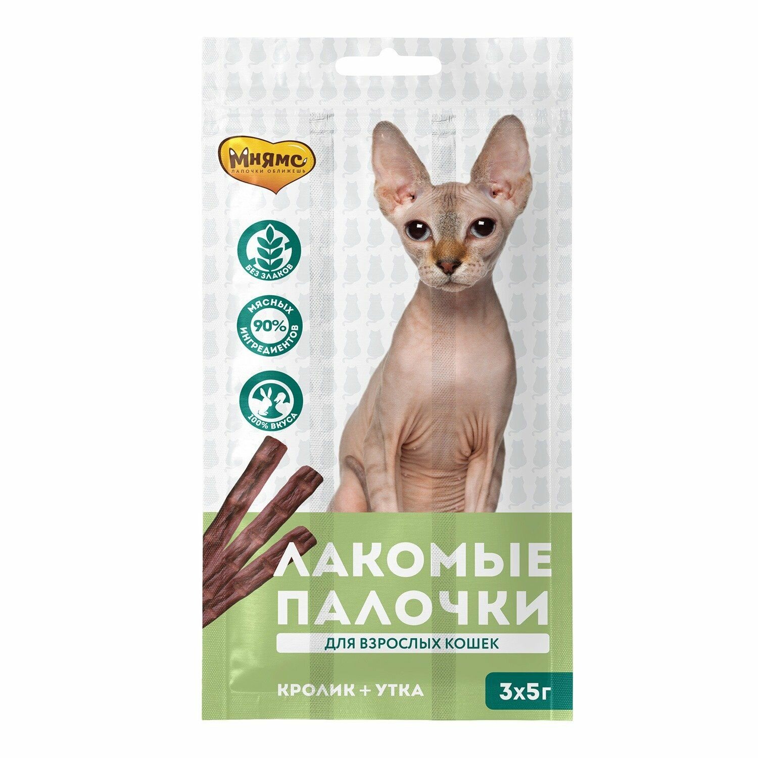 Мнямс - Лакомство для кошек, лакомые палочки с уткой и кроликом (3х5 гр)