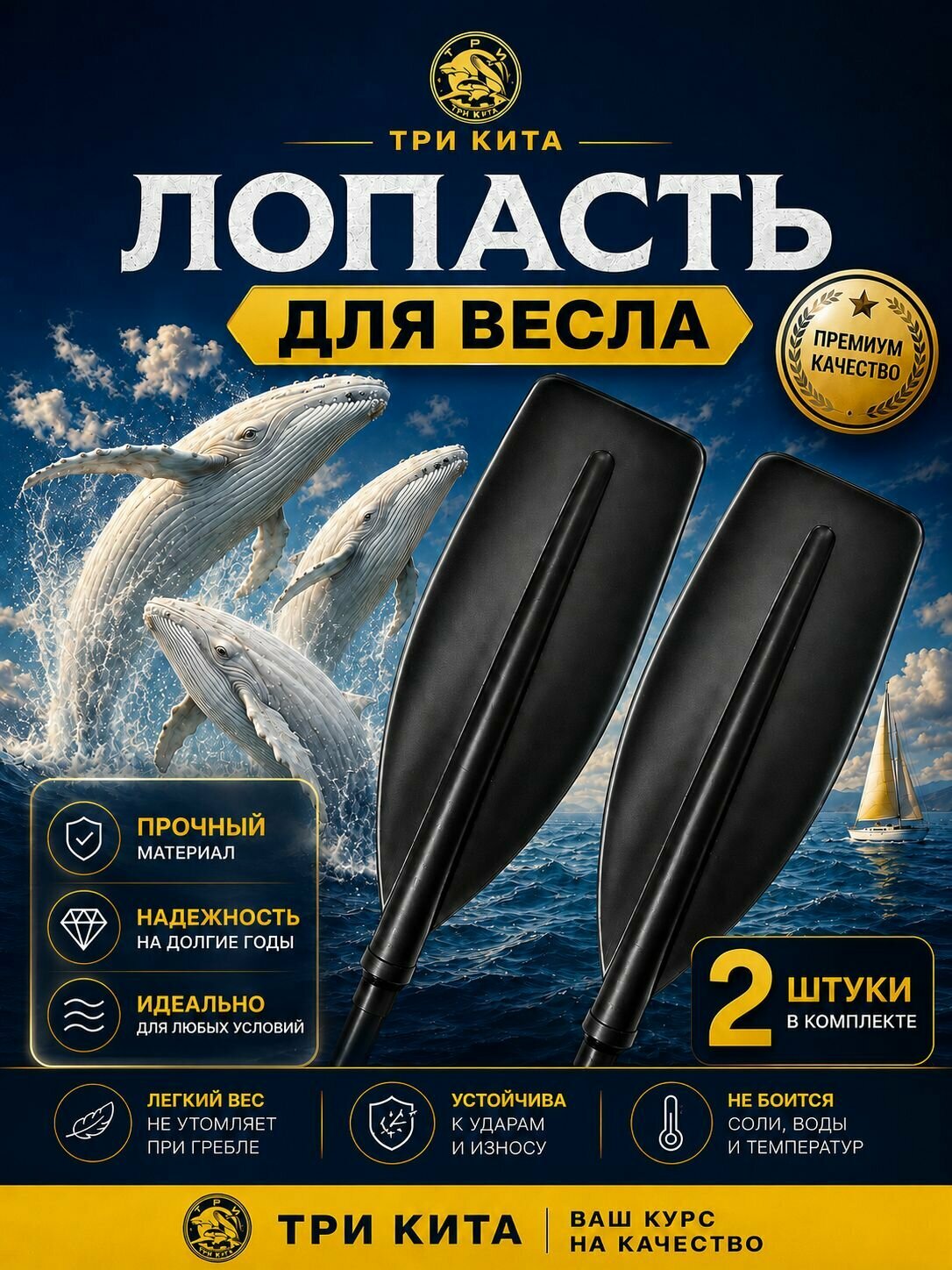 Лопасть Три Кита на весло широкая большая d-32 490*180 мм 2 шт
