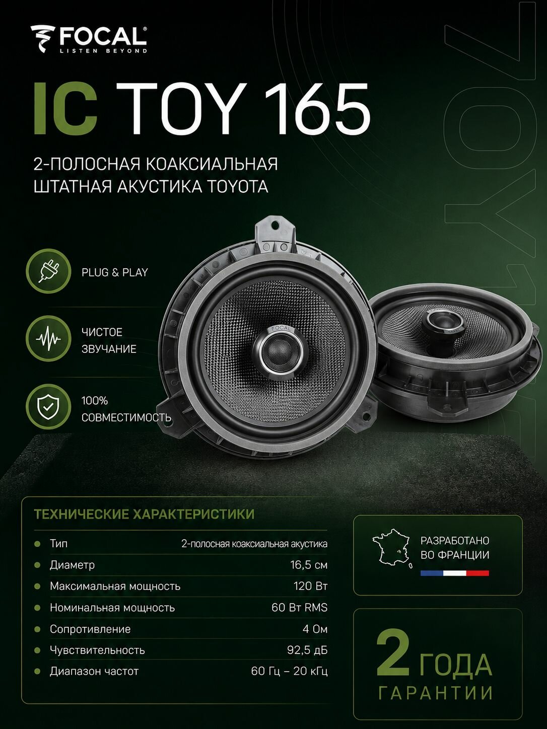 Автоакустика FOCAL IC TOY165, 16.5 см, коаксиальная, 2 полосы, Toyota