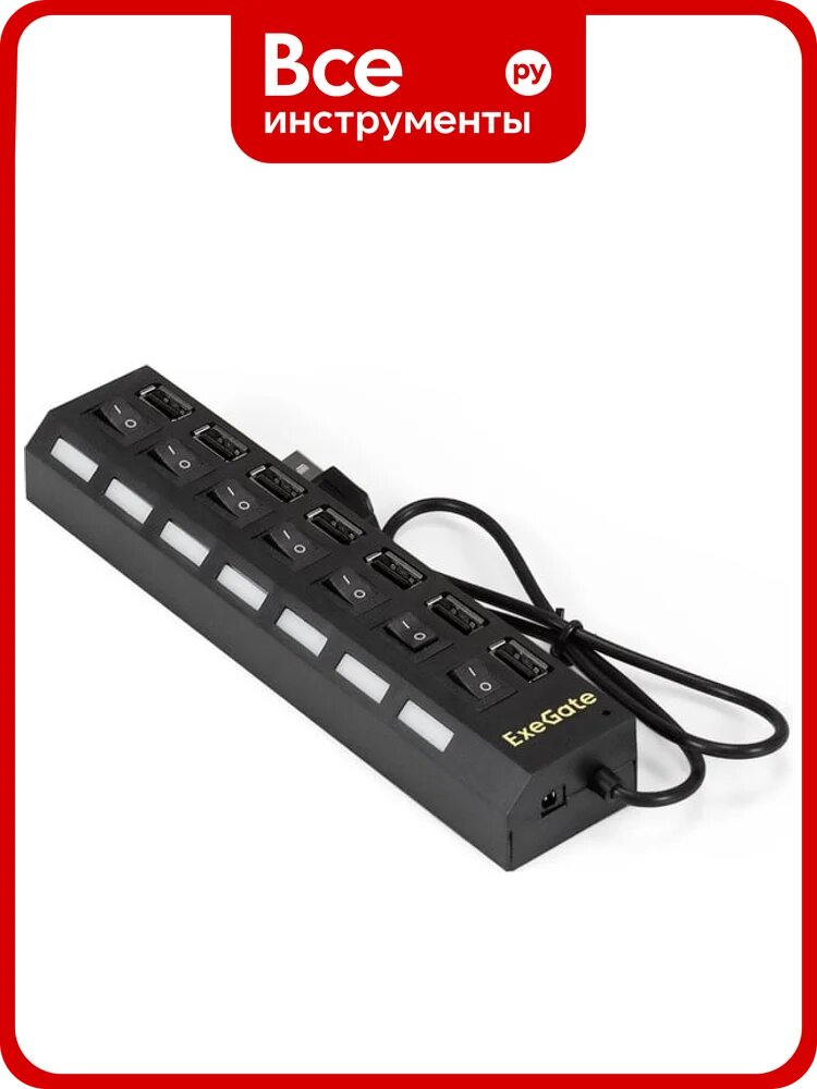 USB-Хаб ExeGate концентратор 7-в-1 DUB-72SW кабель-адаптер USB2.0 -- 7xUSB2.0, кнопки включения/отключения для каждого порта, Plug Play, черный 293978