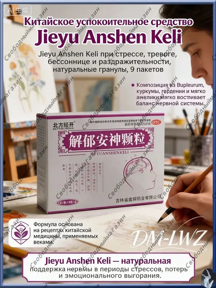 Китайское успокоительное средство Jieyu Anshen Keli при стрессе, тревоге, бессоннице и раздражительности, натуральные гранулы, 9 пакетов