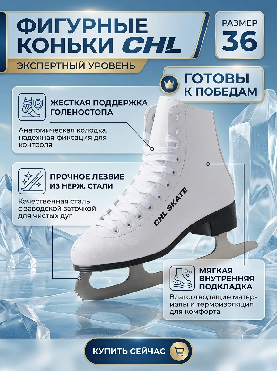 Коньки фигурные CHL белые, размер 36, F0333