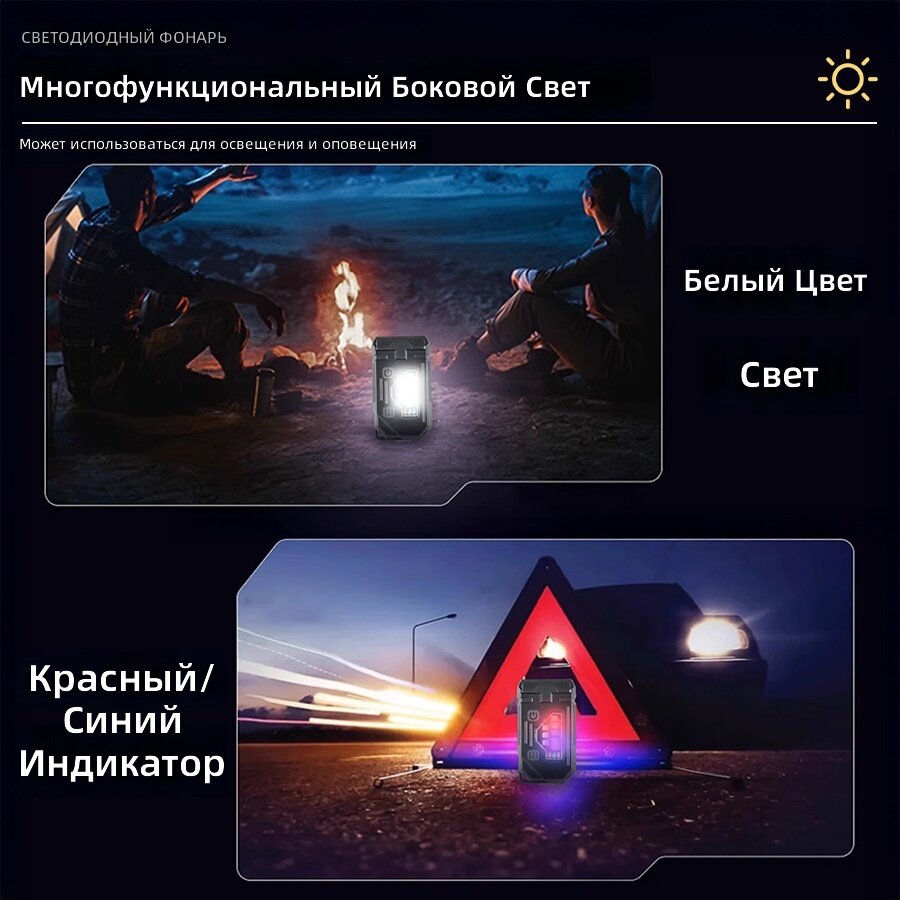 Компактный USB-перезаряжаемый светодиодный фонарь с магнитным хвостом, яркий кемпинговый фонарь с боковым COB аварийным освещением, черный