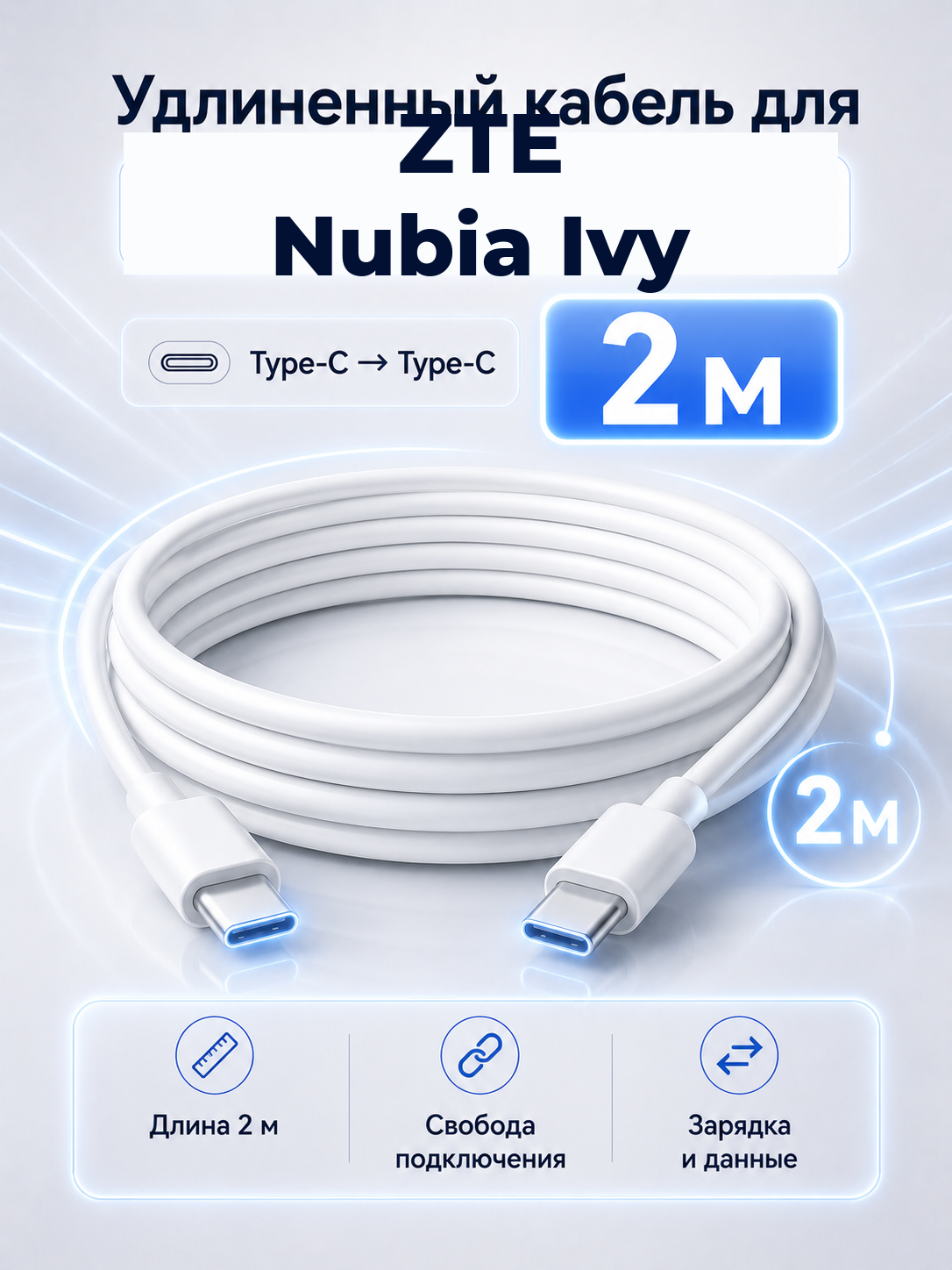 Удлиненный кабель для ZTE Nubia Ivy Type-C на Type-C, 2 м