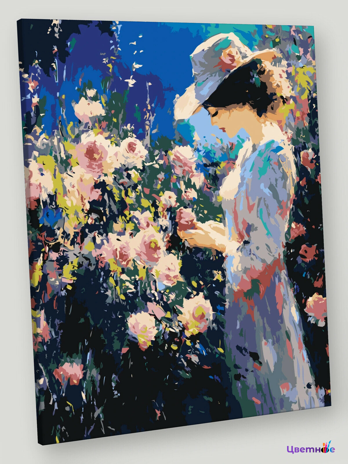 Картина по номерам на холсте с подрамником "Цветы: кустовые розы и девушка, Моне" Раскраска 40x50 см, Люди, Сады, Пейзаж